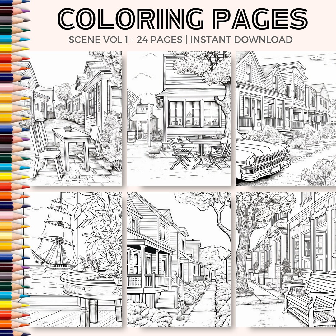 Scene Coloring Page Coloring Page for Adults Village Theme - Etsy Australia