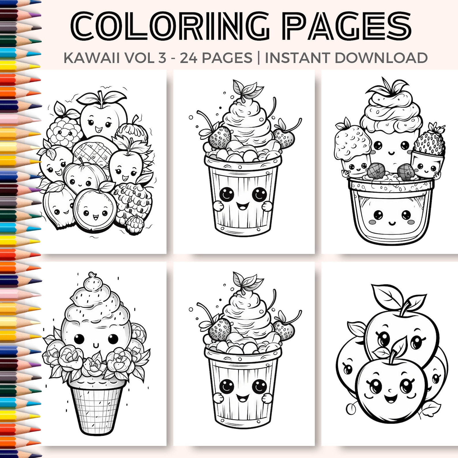 Kawaii Coloring Pages, Printable PDF, Cute Cawaii, Instant Download, Funny Cute Kawaii Foods ...