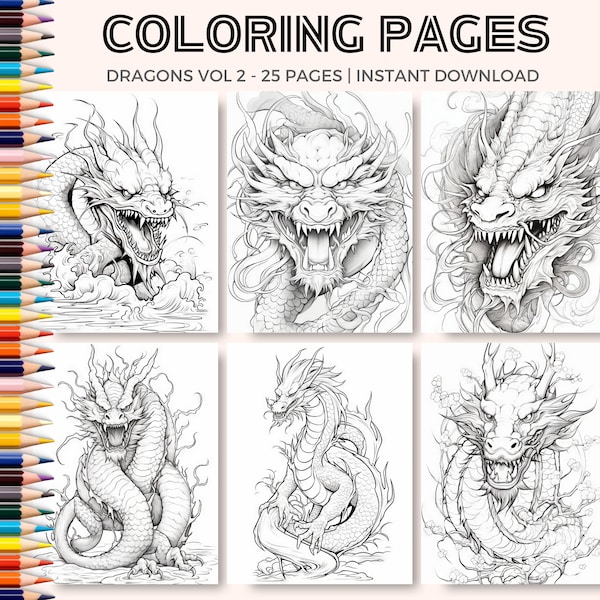 Japanese Dragon Coloring Pages - Etsy