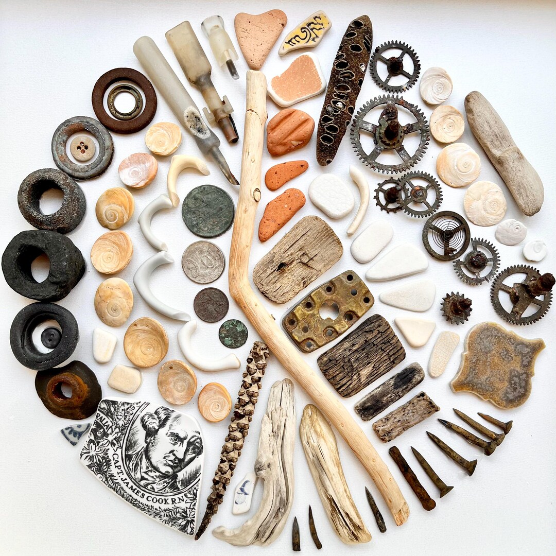 Beach-found Objects Collage Flat Lay Art in 35cm White Shadow Box Frame ...