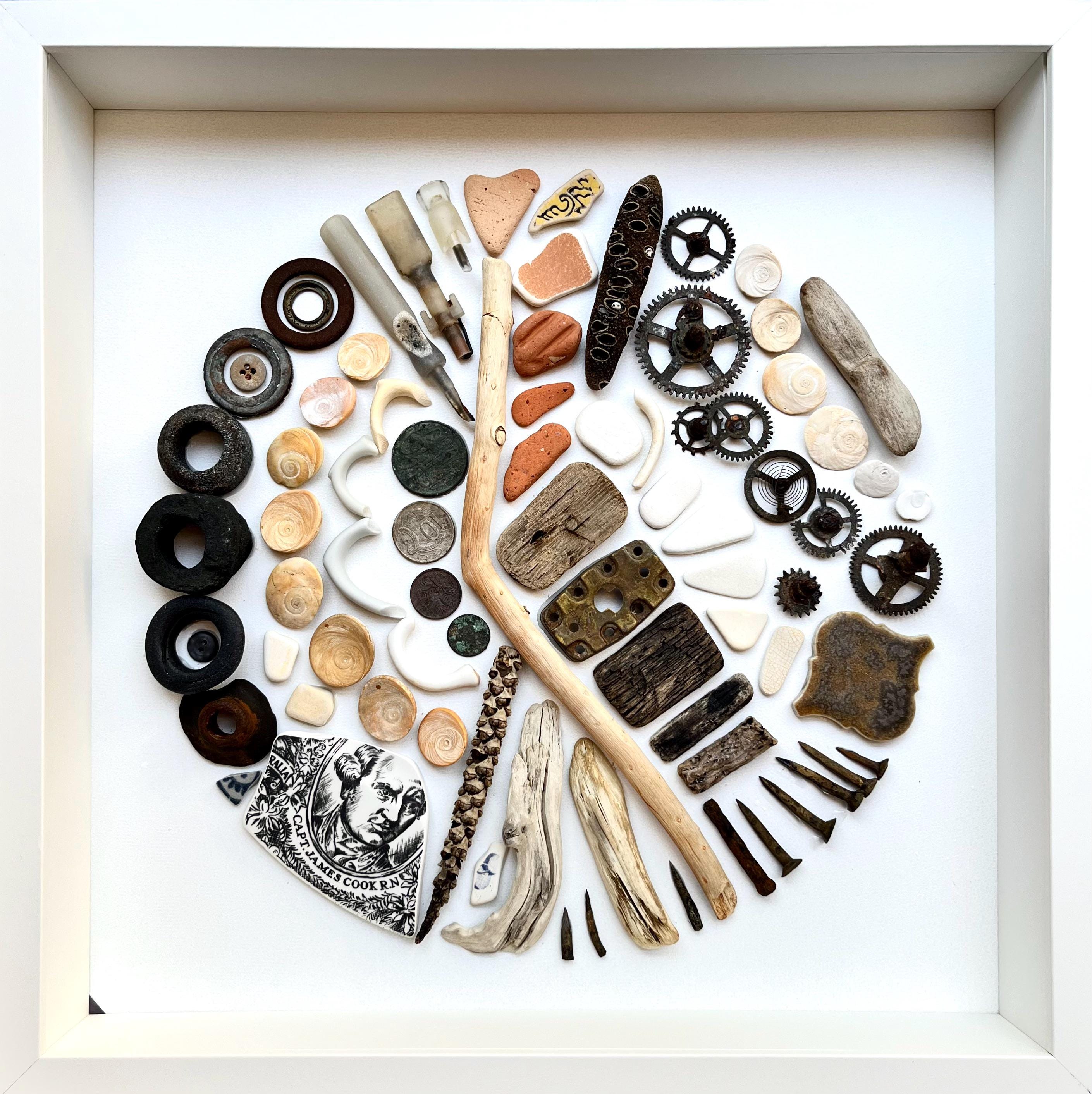 Beach-found Objects Collage Flat Lay Art in 35cm White Shadow Box Frame ...