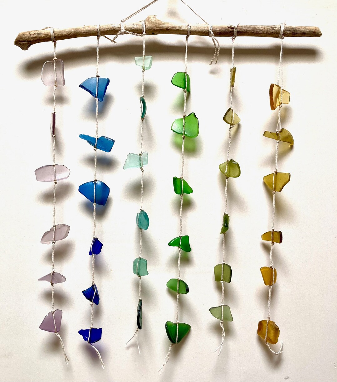 Rainbow Sea Glass and Driftwood Suncatcher, 6 Strands in Graduated ...
