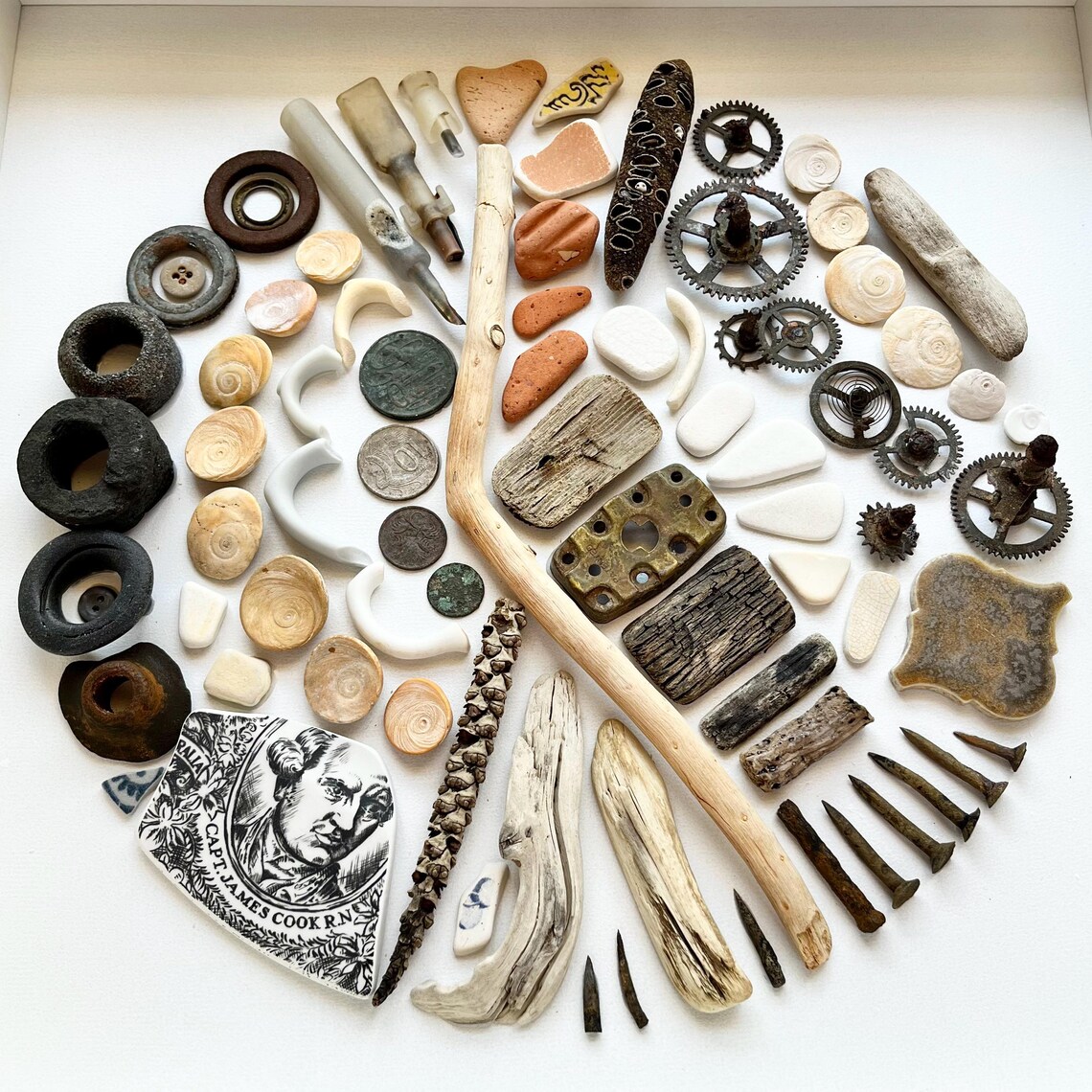 Beach-found Objects Collage Flat Lay Art in 35cm White Shadow Box Frame ...