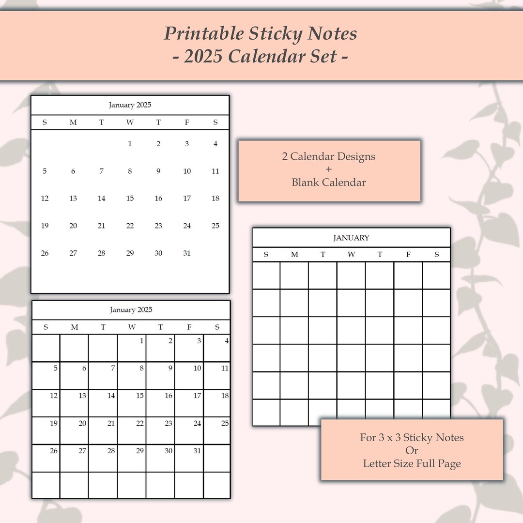 2025 Calendar Set Printable 3 X 3 Sticky Note Templates - Etsy