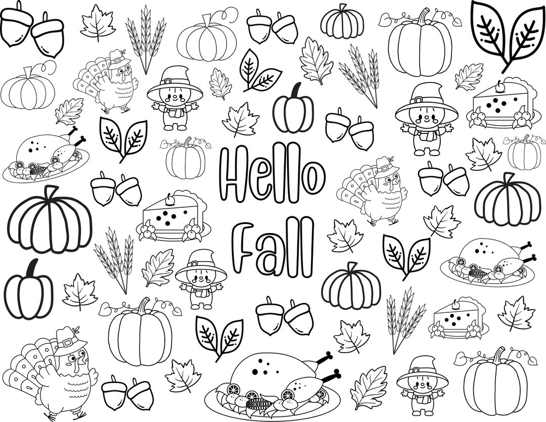 Hello Fall Coloring Page Fall Thanksgiving Autumn - Etsy