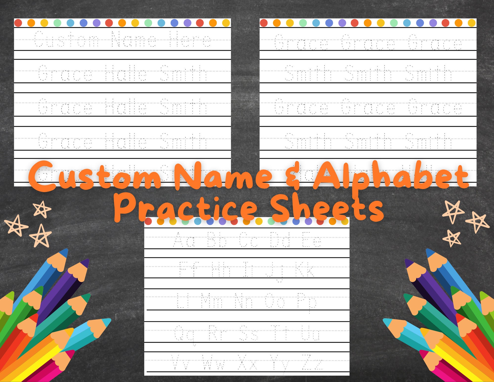 Custom Name and Alphabet Practice Sheets Tracing Learning Summer ...