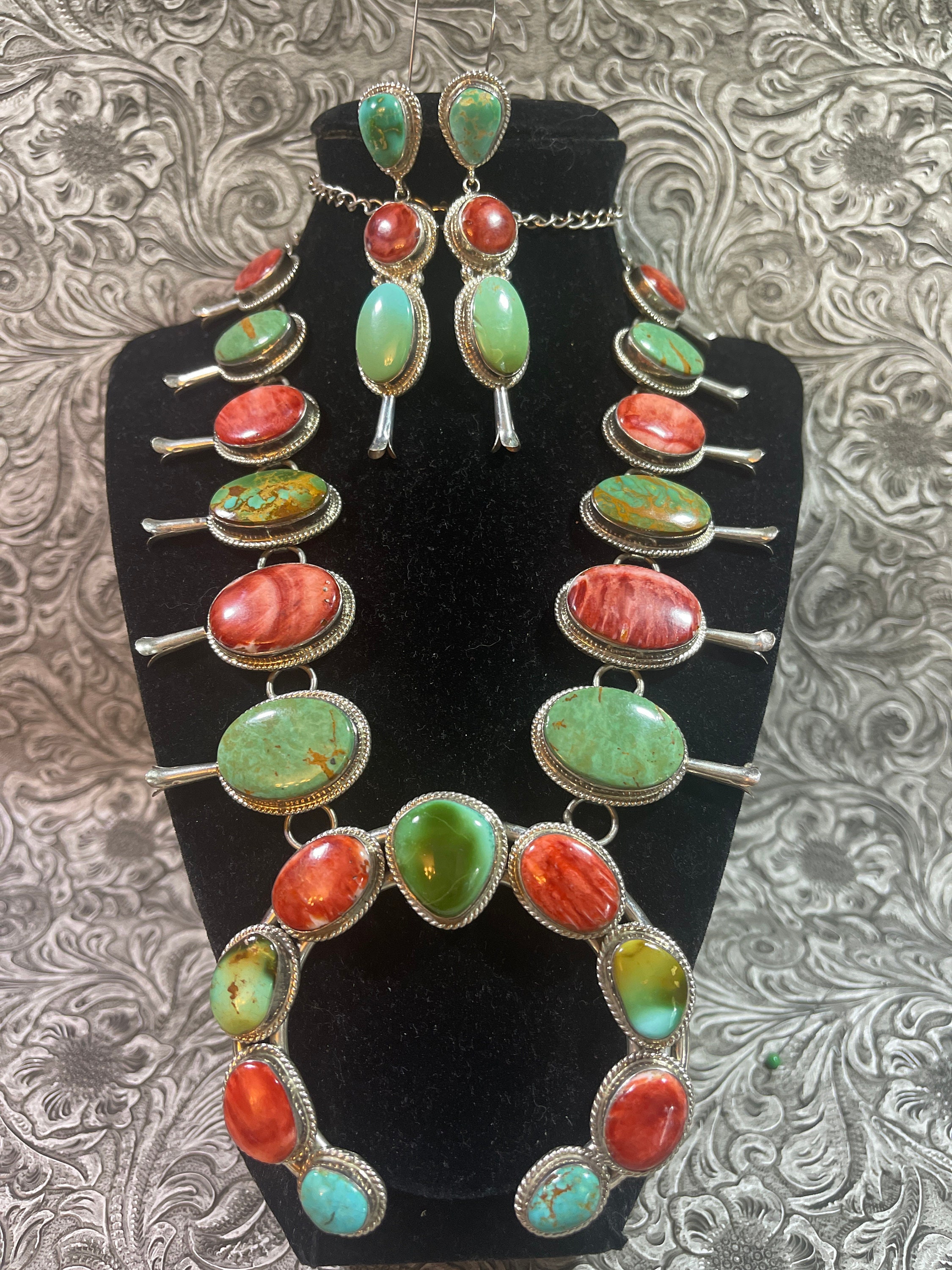 Vintage Squash Blossom Turquoise Spiny Oyster Sterling Necklace ...