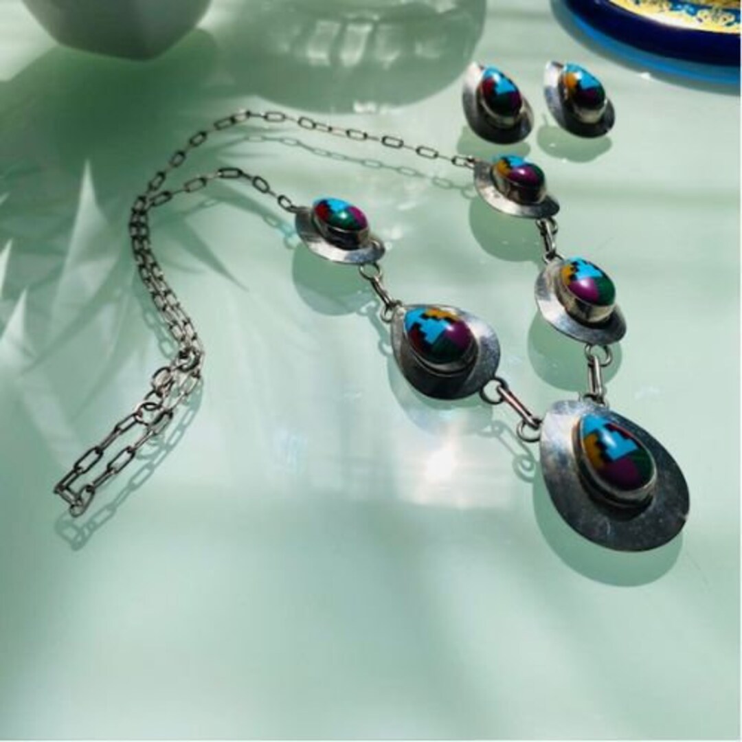 Native American Zuni Sterling Silver 5 Teardrops Chain Multi-colored ...