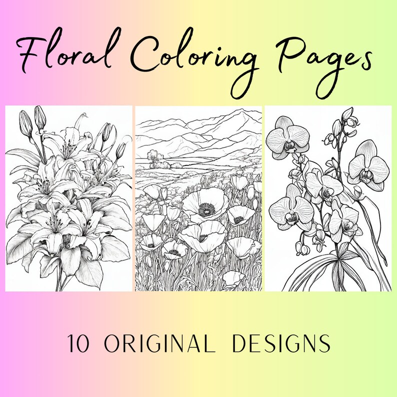 10 Floral Coloring Pages, Printable PDF, Flower Coloring Book for ...