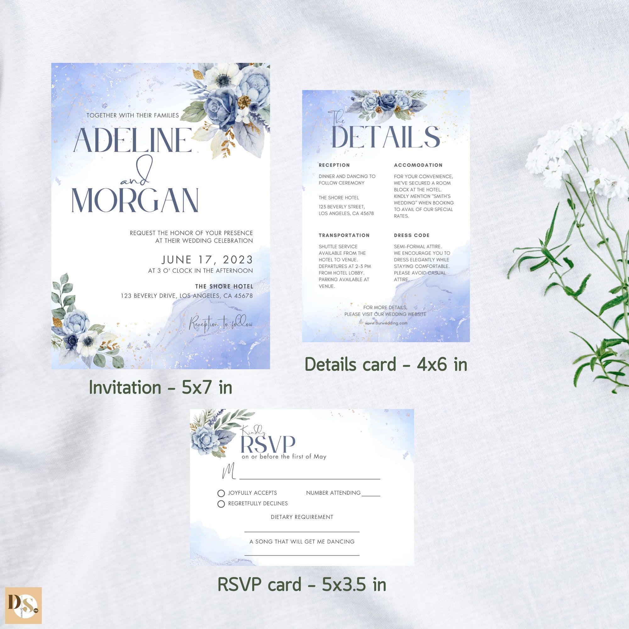 Dusty Blue Wedding Invitation Template, Dusty Blue Floral Wedding ...