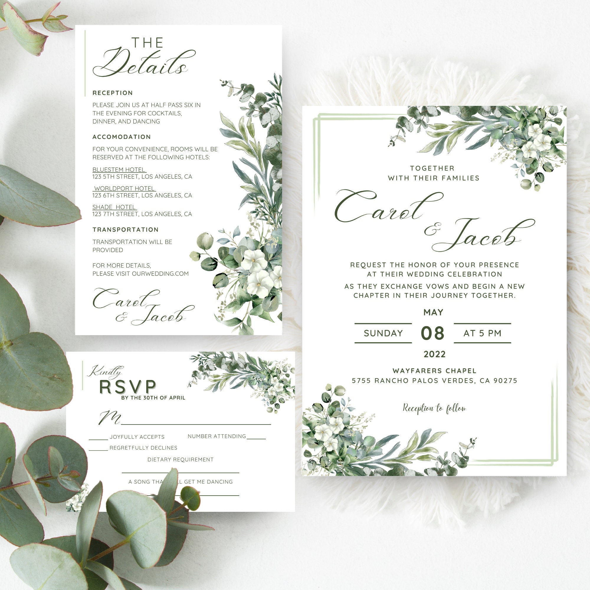 Sage Green Wedding Invitation Template, Editable Wedding Invite Suite ...