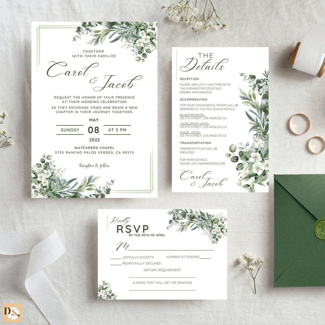 Sage Green Wedding Invitation Template, Editable Wedding Invite Suite ...