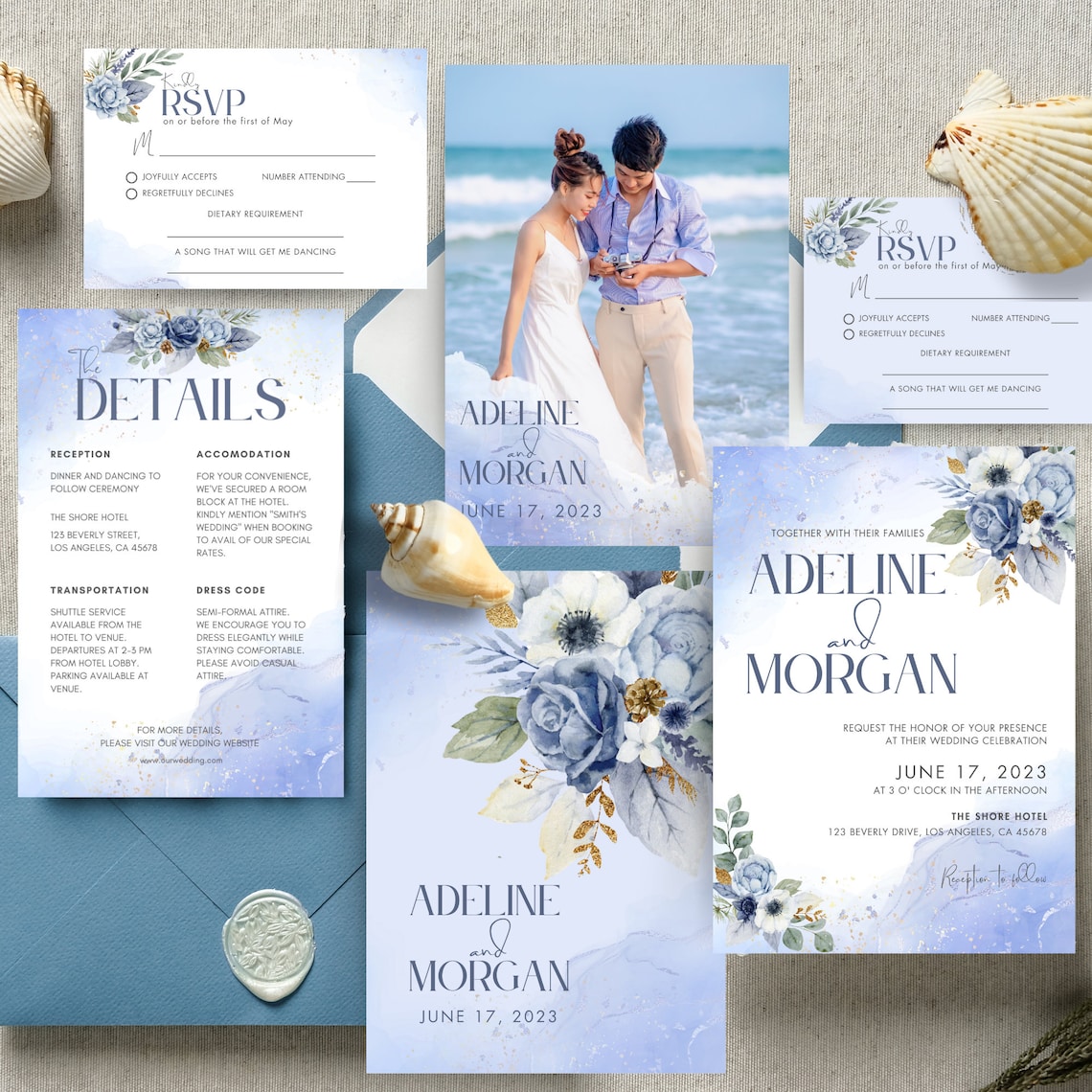 Dusty Blue Wedding Invitation Template Dusty Blue Floral - Etsy