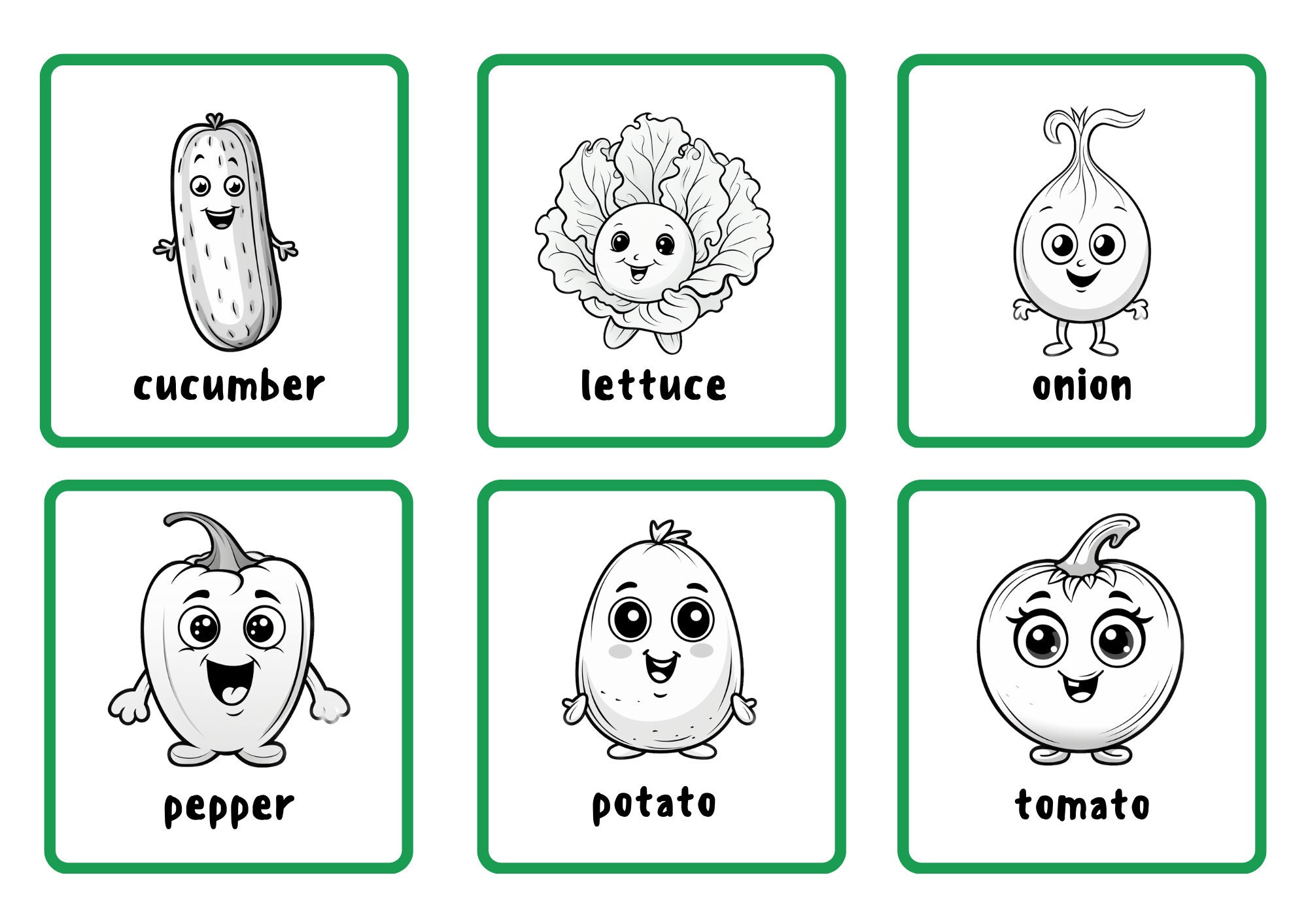 18 Vegetable Flashcards, Kids Learning & Coloring Activity, Montessori ...