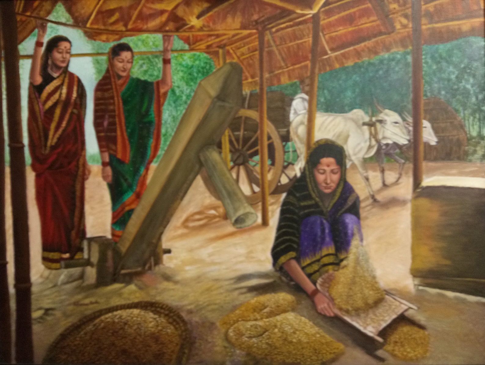 Dhenki: the Traditional Rice Mill, Handmade Oil on Canvas Painting, 48 ...