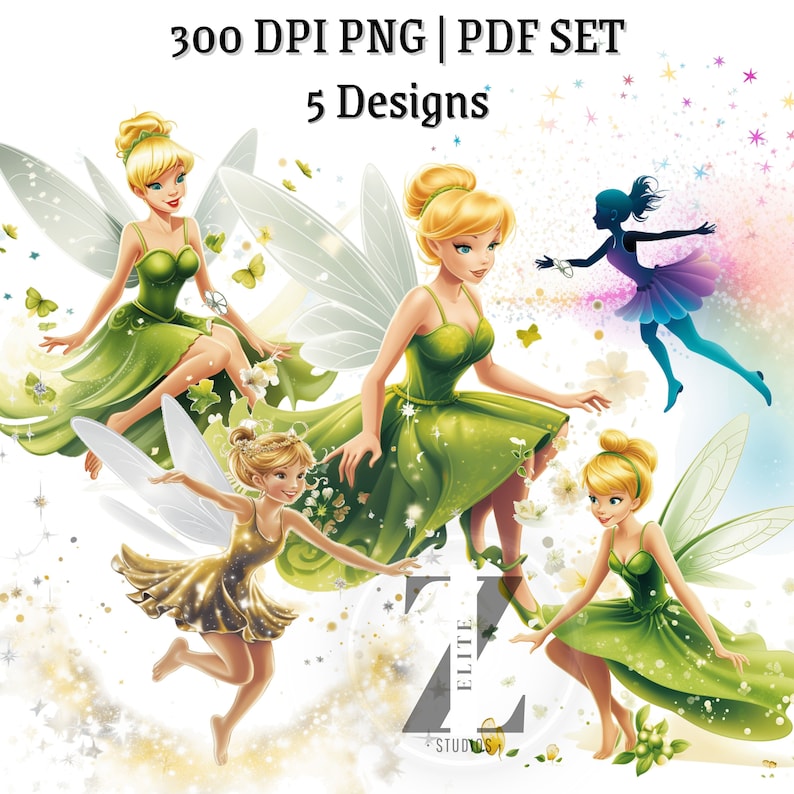 Tinkerbell PNG, PDF Set, 5 Designs, 300 DPI, Fairy Princess Graphic for ...