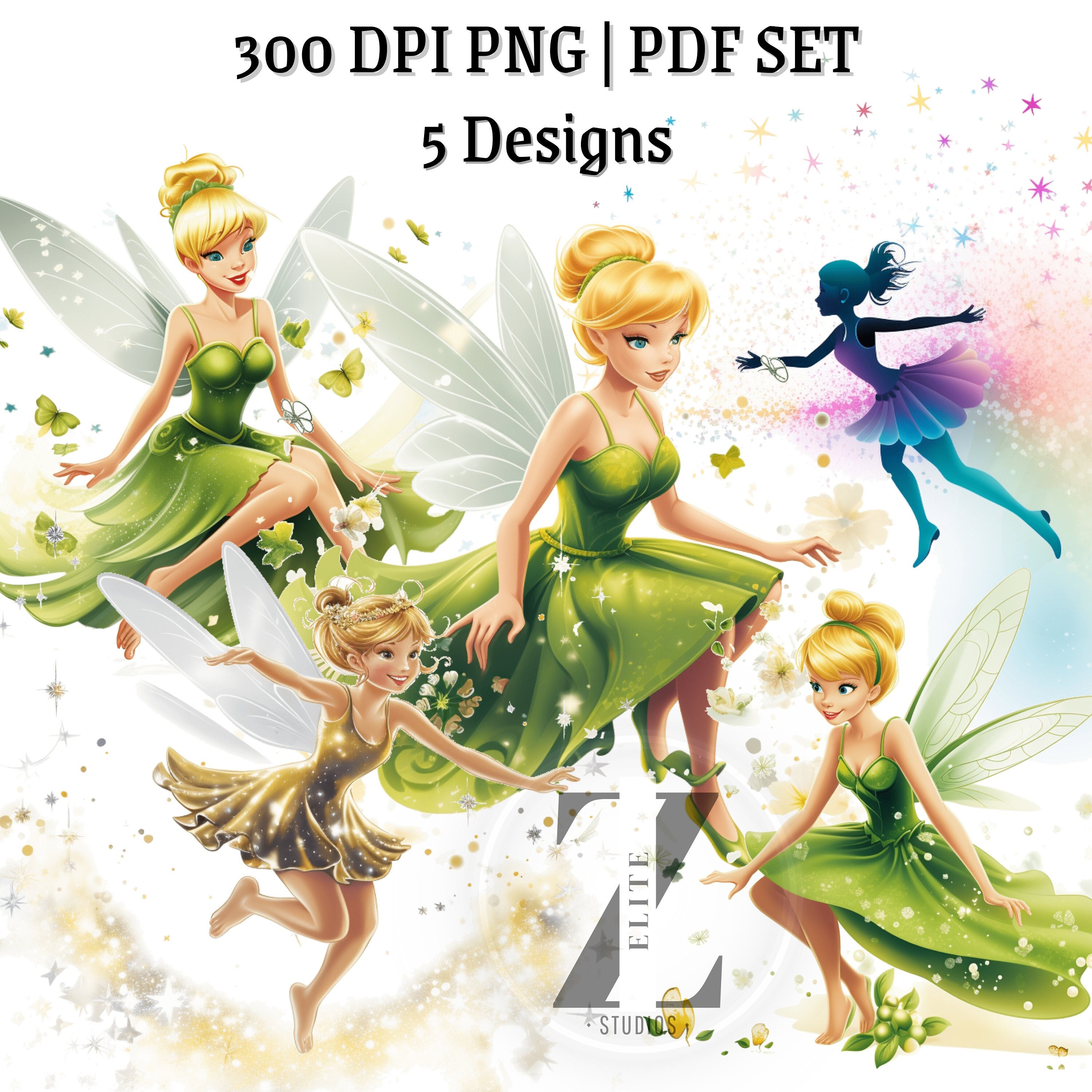 Tinkerbell PNG, PDF Set, 5 Designs, 300 DPI, Fairy Princess Graphic for ...
