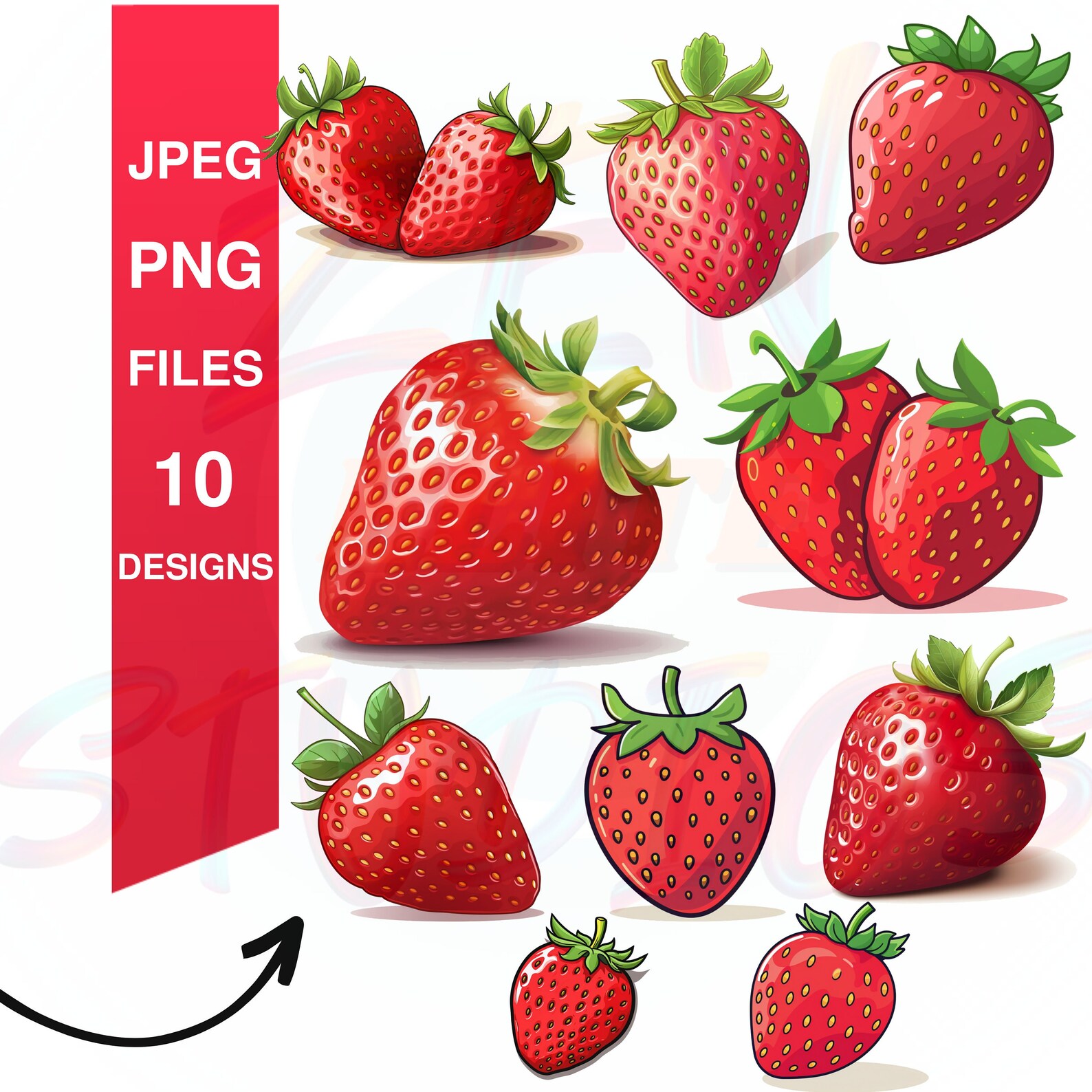 Strawberry Clipart, 10 Designs, PNG JPEG Bundle, Fruit Clipart, Digital ...