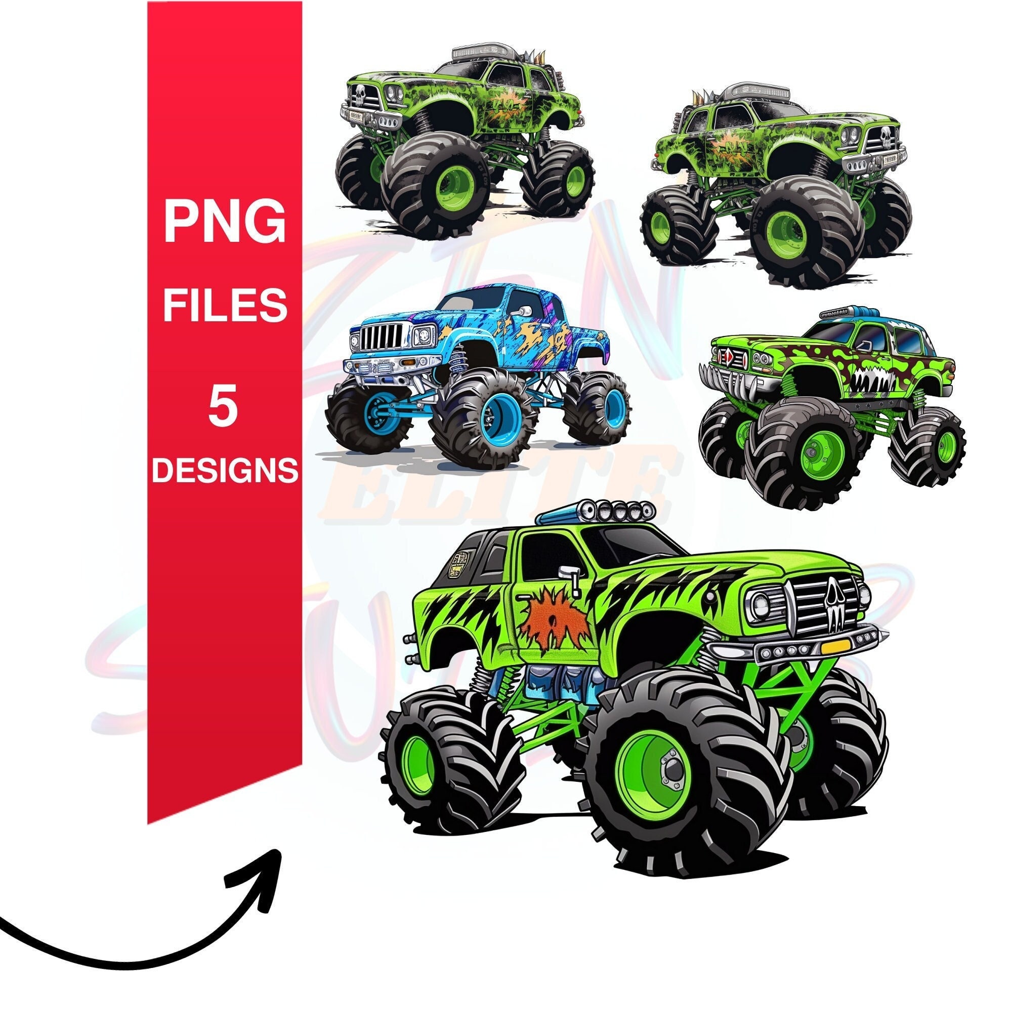 Monster Truck Clipart - 5 Designs, PNG Bundle, Truck Clipart, Hot ...