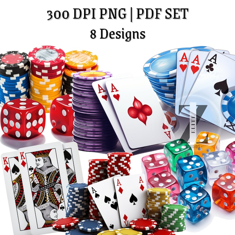 Poker Clip Art PNG PDF Bundle, Casino Elements, Money Graphics for ...