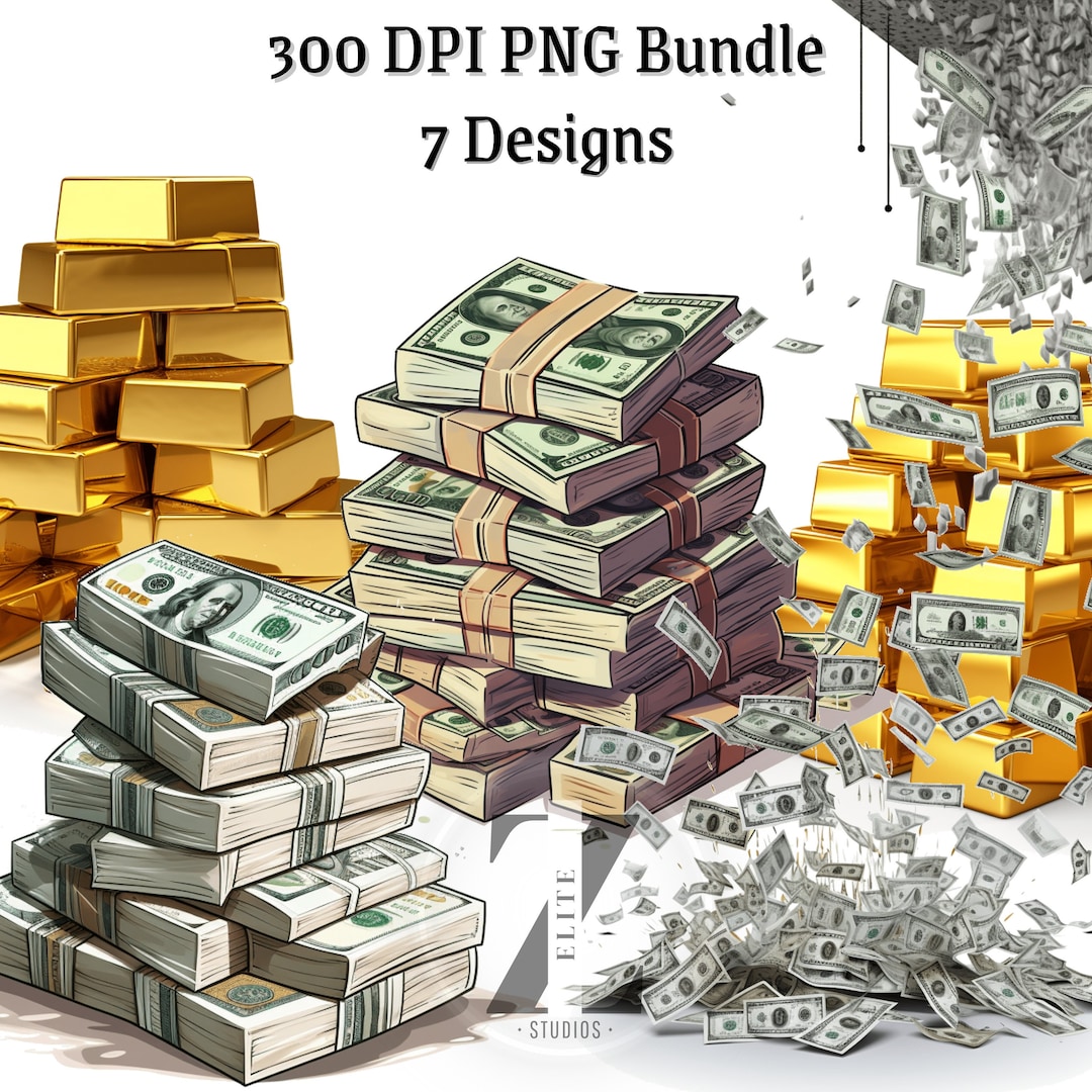 Money Digital Paper, Cash Money PNG, Raining Money, 7 Designs, 300 DPI, for Sublimation and ...