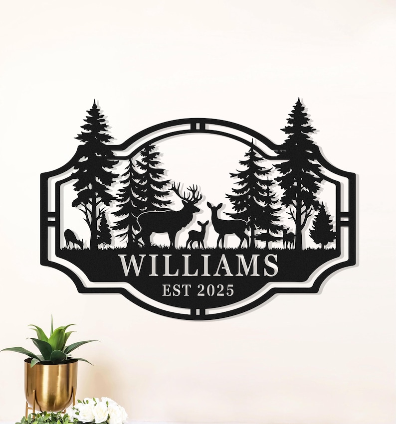Custom Deer Family Name Sign, Personalized Deer Forest Cabin Metal Sign ...