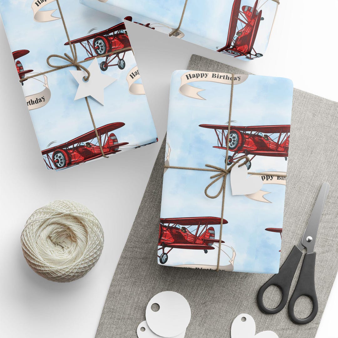 Biplane Wrapping Paper, Airplane Birthday Banner Gift Wrap, Pilot ...