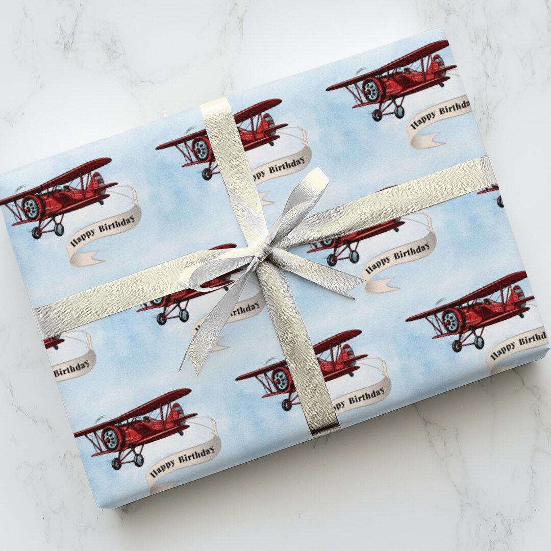 Vintage Airplane Birthday Wrapping Paper, Classic Red Biplane Gift Wrap ...