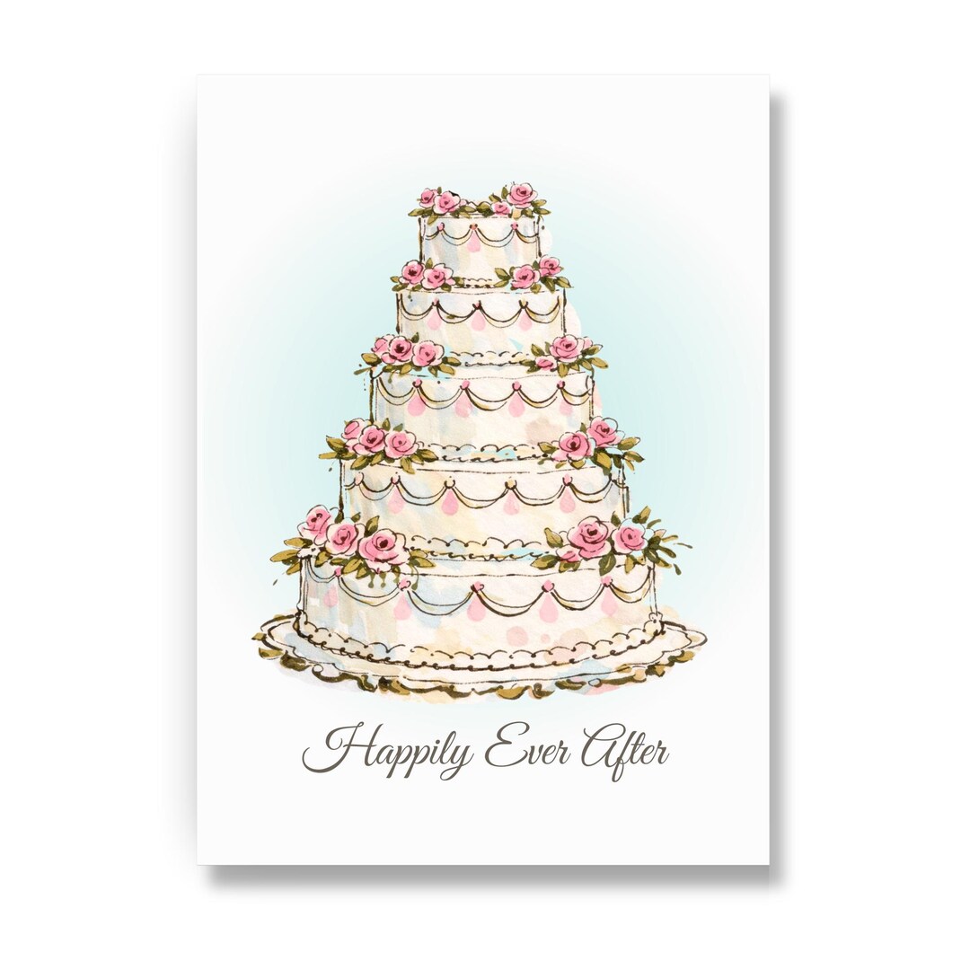 Vintage Wedding Card | Tiered Cake, Pink Roses, Watercolor Style - Etsy