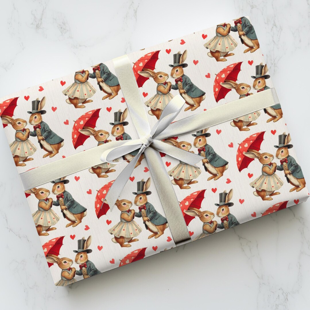 Vintage Valentine Rabbit Couple Gift Wrap, Romantic Love Wrapping Paper ...