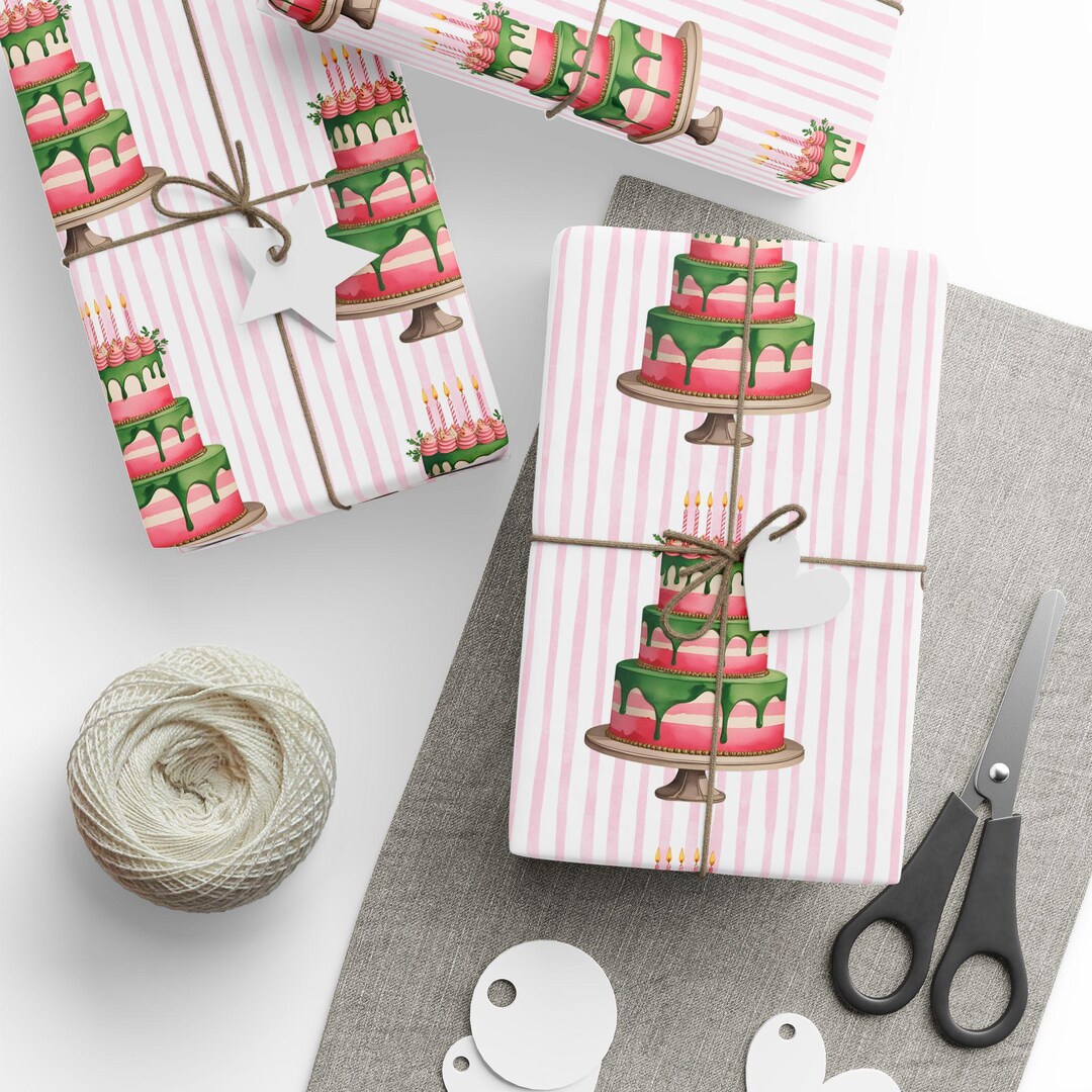 Pink & Green Birthday Cake Wrapping Paper: Elegant Gift Wrap - Etsy