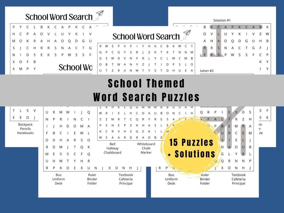 School Word Search Puzzle Printable Sheets With Solution Pages, 15 ...