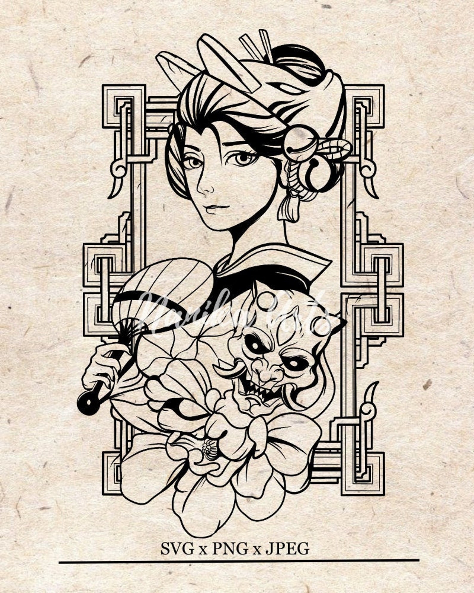 Japanese Geisha Tattoo Svg Stencil Svg Svg Designs For Etsy