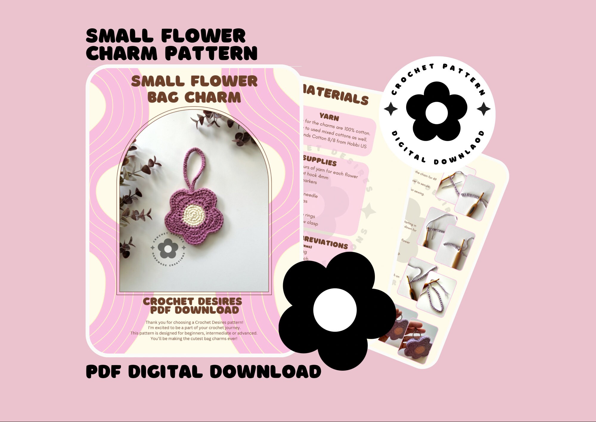 Crochet Small Flower Bag Charm Crochet Pattern Flower Charms PDF ...