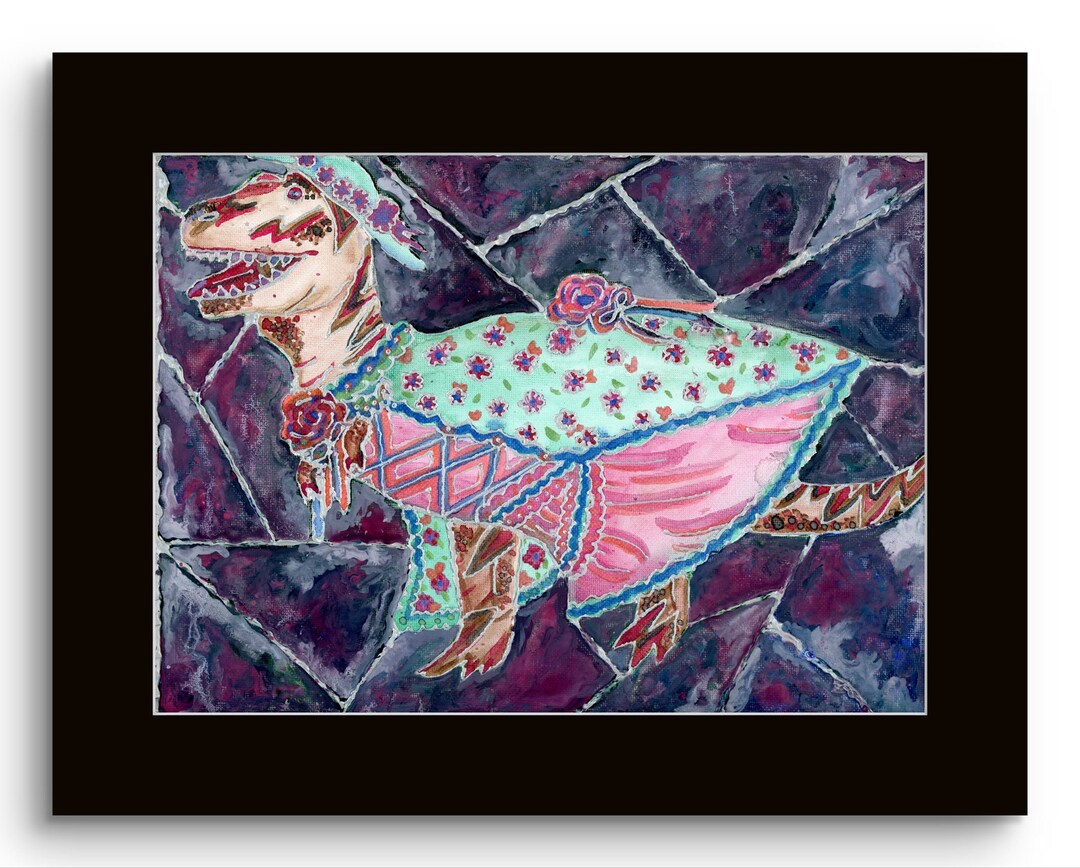 Stained Glass Fancy T-rex Dinosaur in Dress 8x10 Museum Grade Fine Art ...