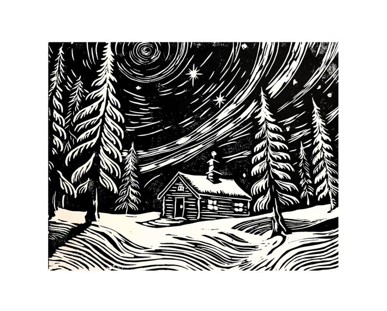 Snowy Cabin Linocut Art Print: Handmade, Matted and Fits an 11X14 Frame ...