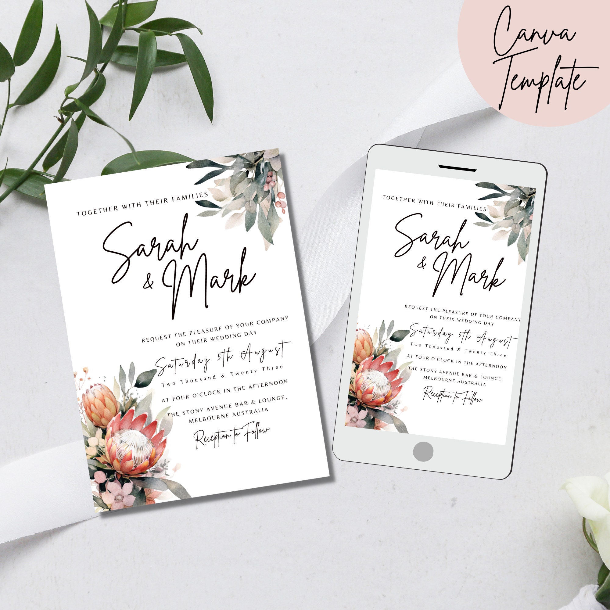 Australian Floral Wedding Invitation, Floral Invite, Simple Editable ...