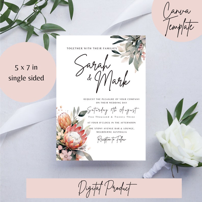 Australian Floral Wedding Invitation, Floral Invite, Simple Editable ...