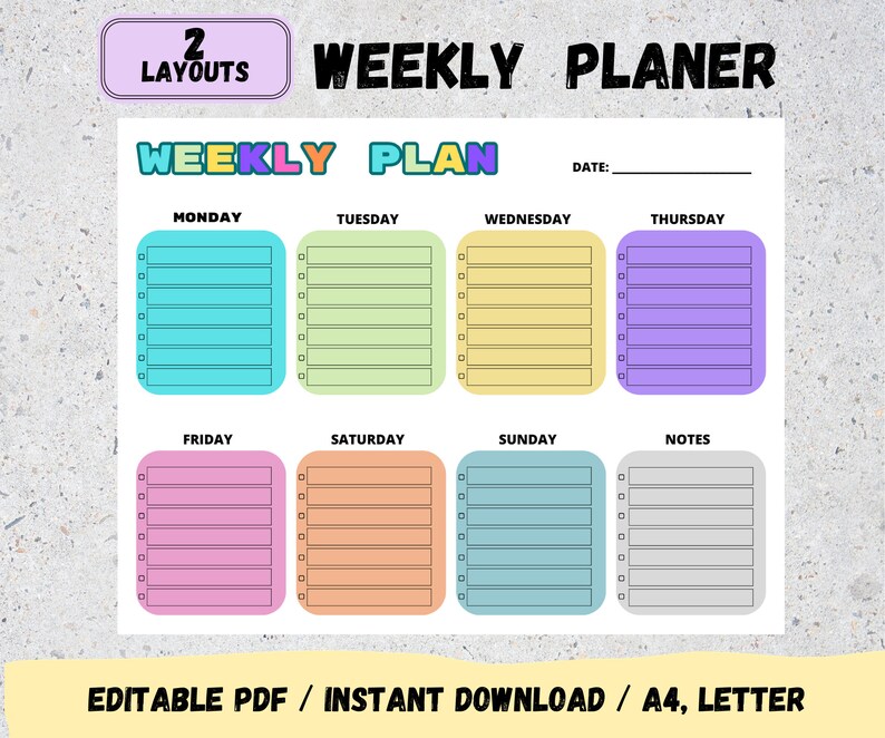 Editable Weekly Planner Printable, Digital Weekly Planner PDF Weekly ...