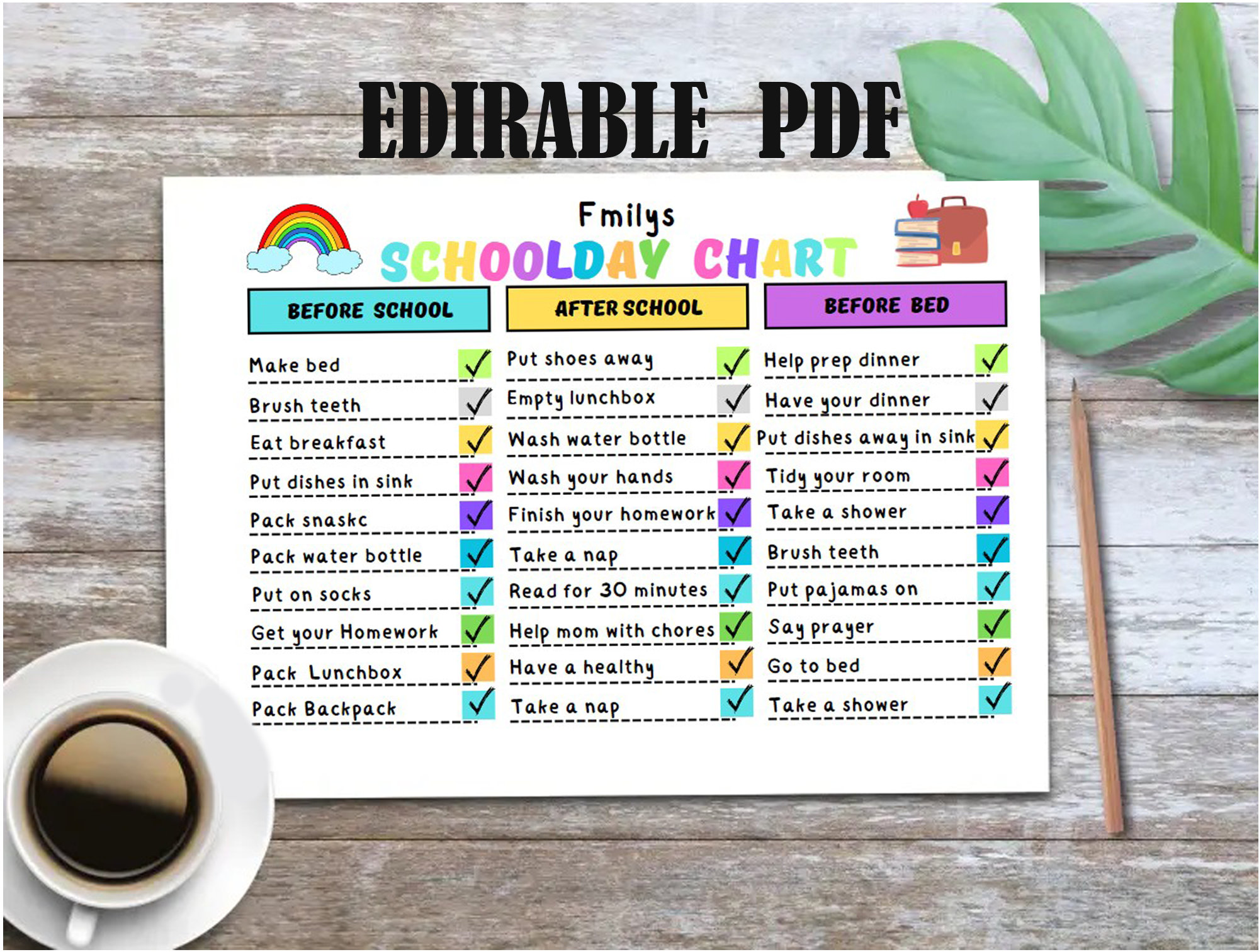 Kids Daily School Checklist Schedule Printable, Editable Chore Chart ...