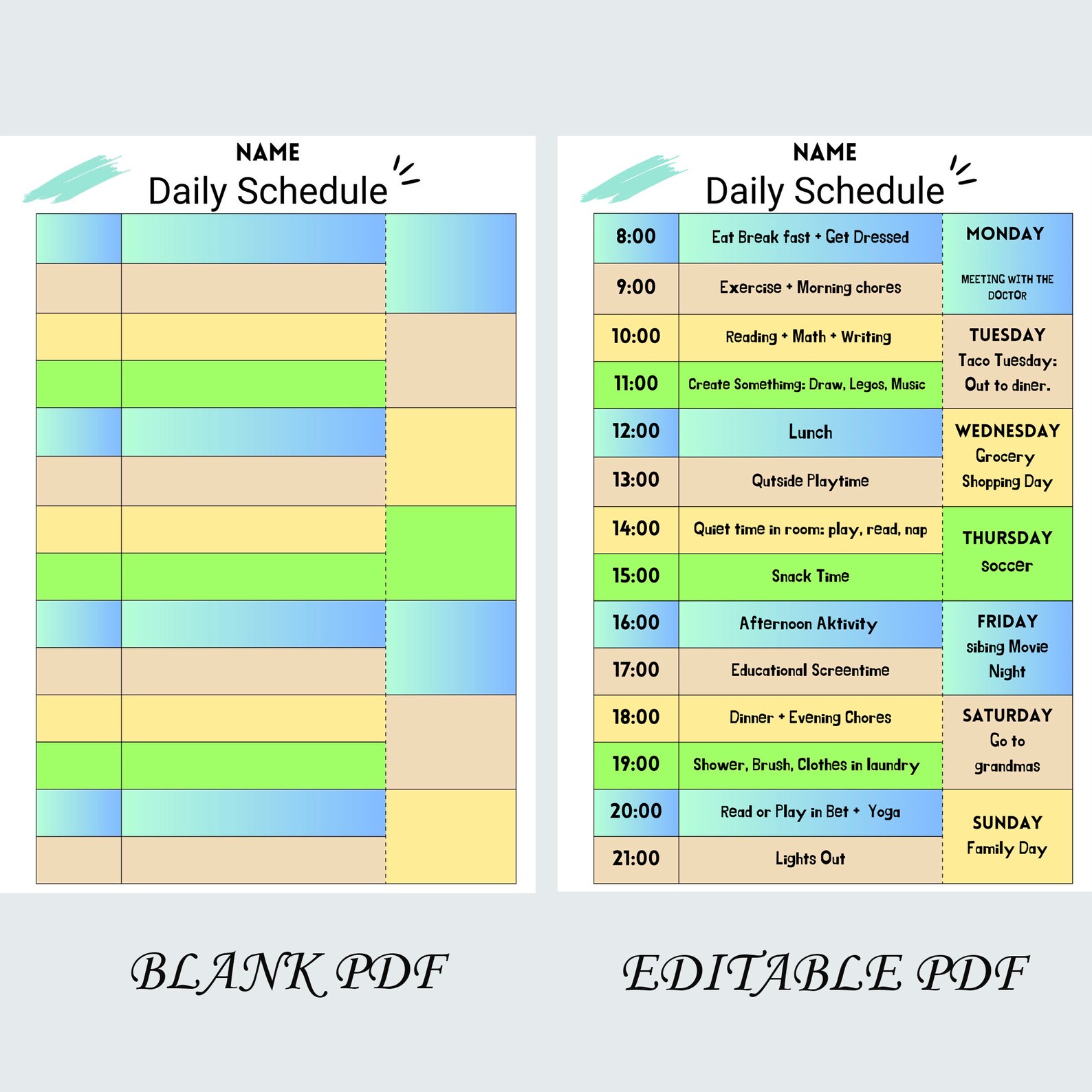 Daily Schedule Editable PDF File Daily Schedule Template Daily