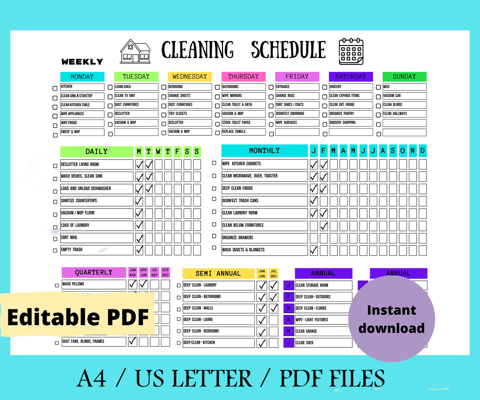 Editable Cleaning Schedule Printable Weekly, Monthly, Yearly Cleaning ...