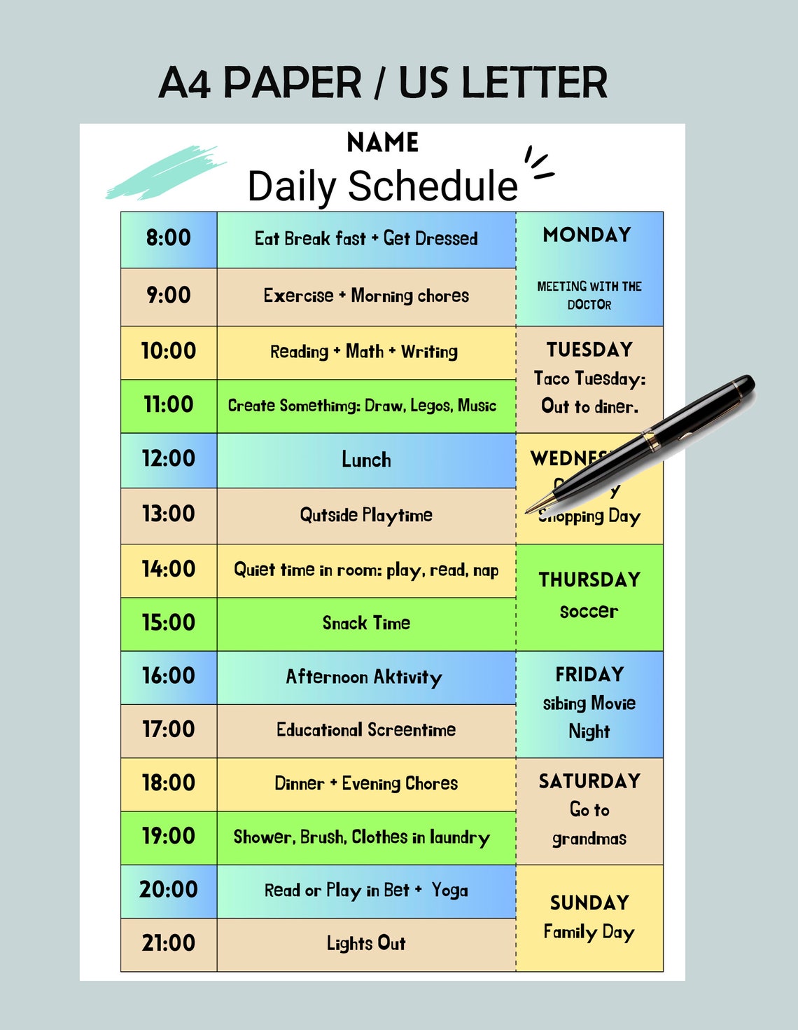 Daily Schedule, Editable PDF File. Daily Schedule Template, Daily ...