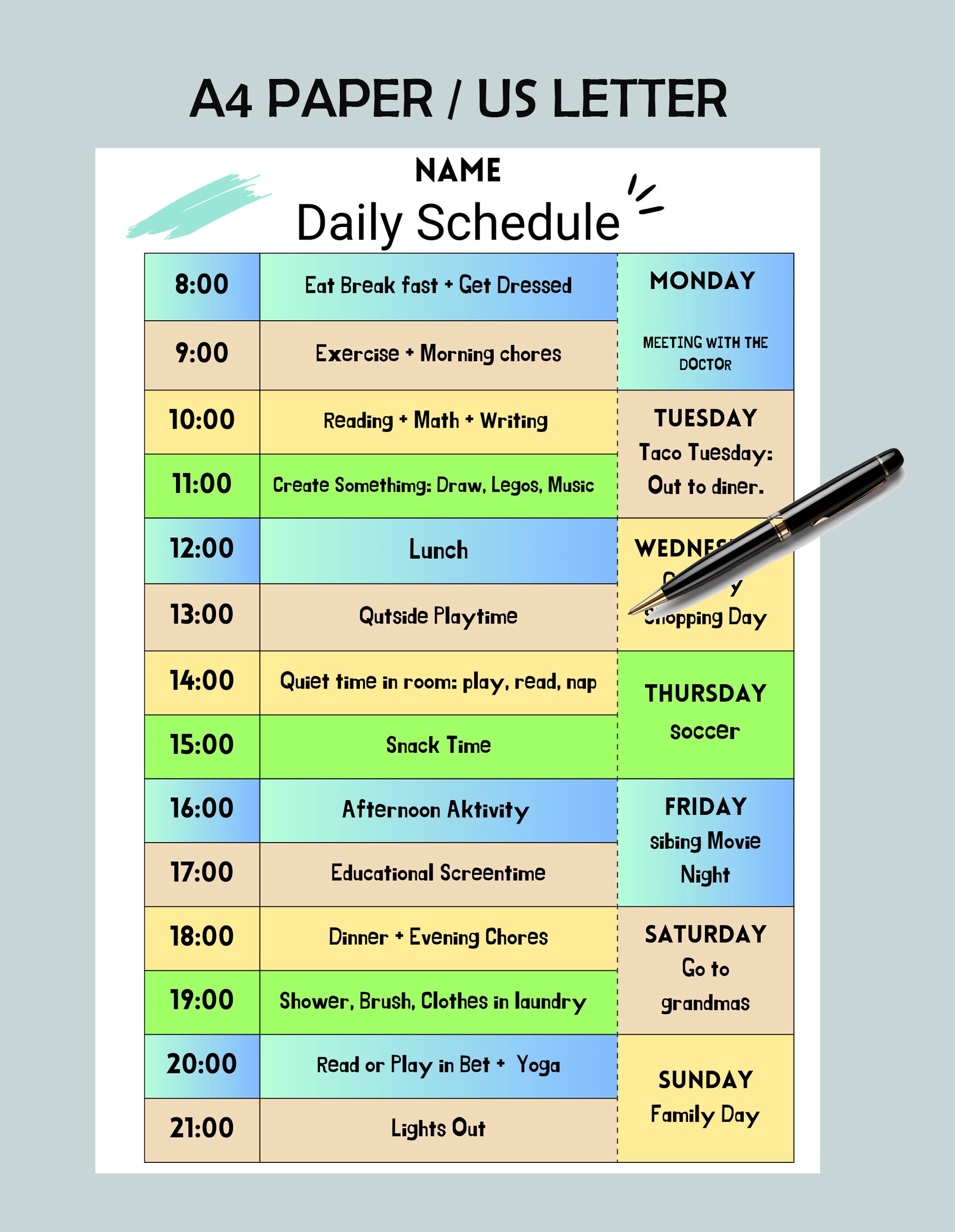 Daily Schedule, Editable PDF File. Daily Schedule Template, Daily ...