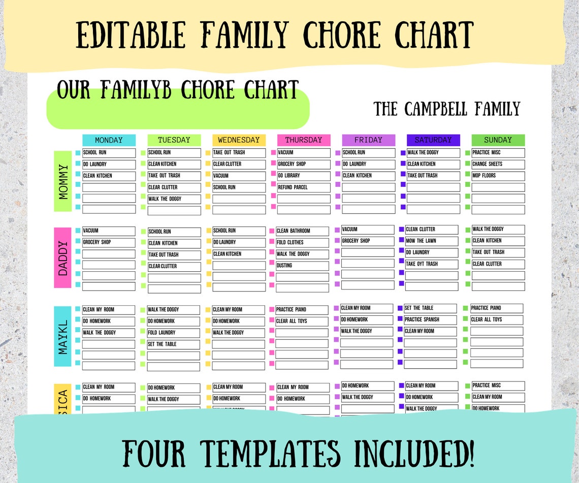 Family Chore Chart, Editable Family Planner Printable, Weekly Family ...