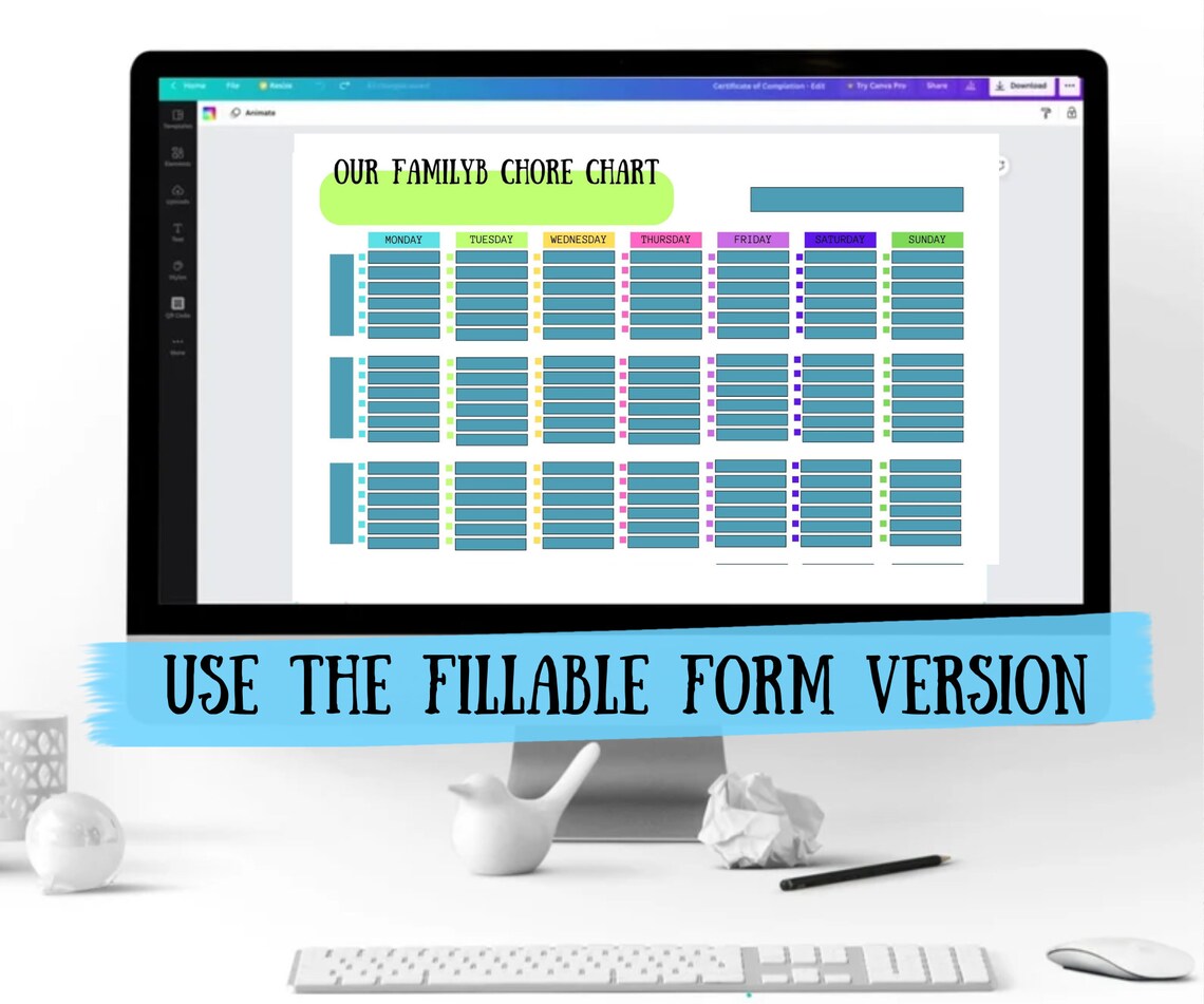 Family Chore Chart, Editable Family Planner Printable, Weekly Family ...