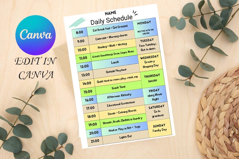 Daily Schedule, Editable PDF File. Daily Schedule Template, Daily ...