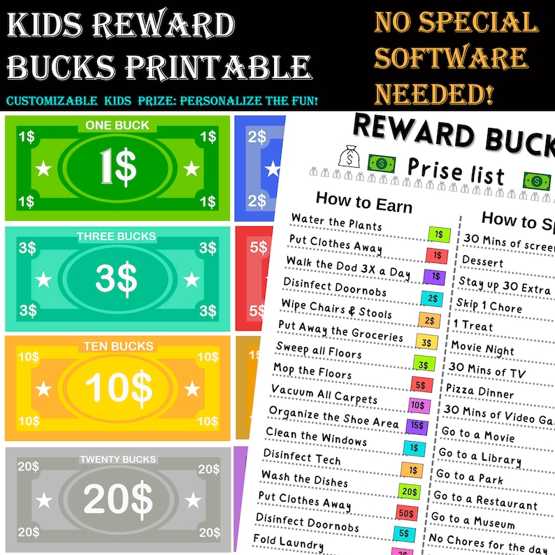 Editable Kids Reward Bucks Printable Mom Bucks, PDF Reward System for ...