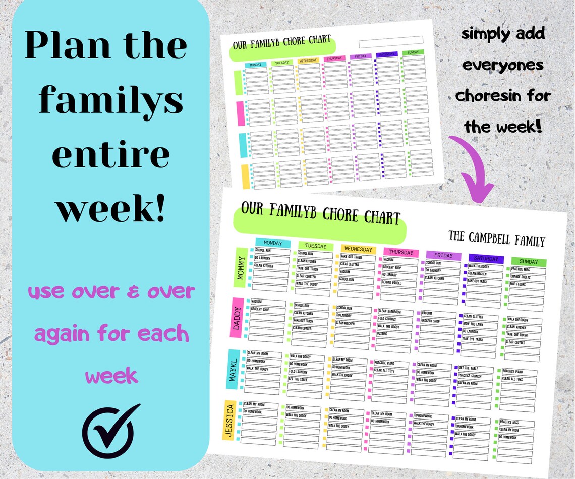 Family Chore Chart, Editable Family Planner Printable, Weekly Family ...