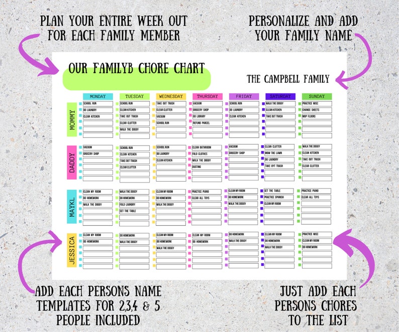 Family Chore Chart, Editable Family Planner Printable, Weekly Family ...